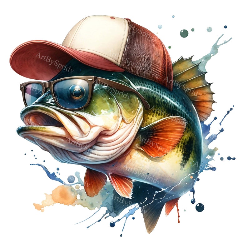 Realistic Bass Fish Clipart With Baseball Cap & Sunglasses - Digital ...