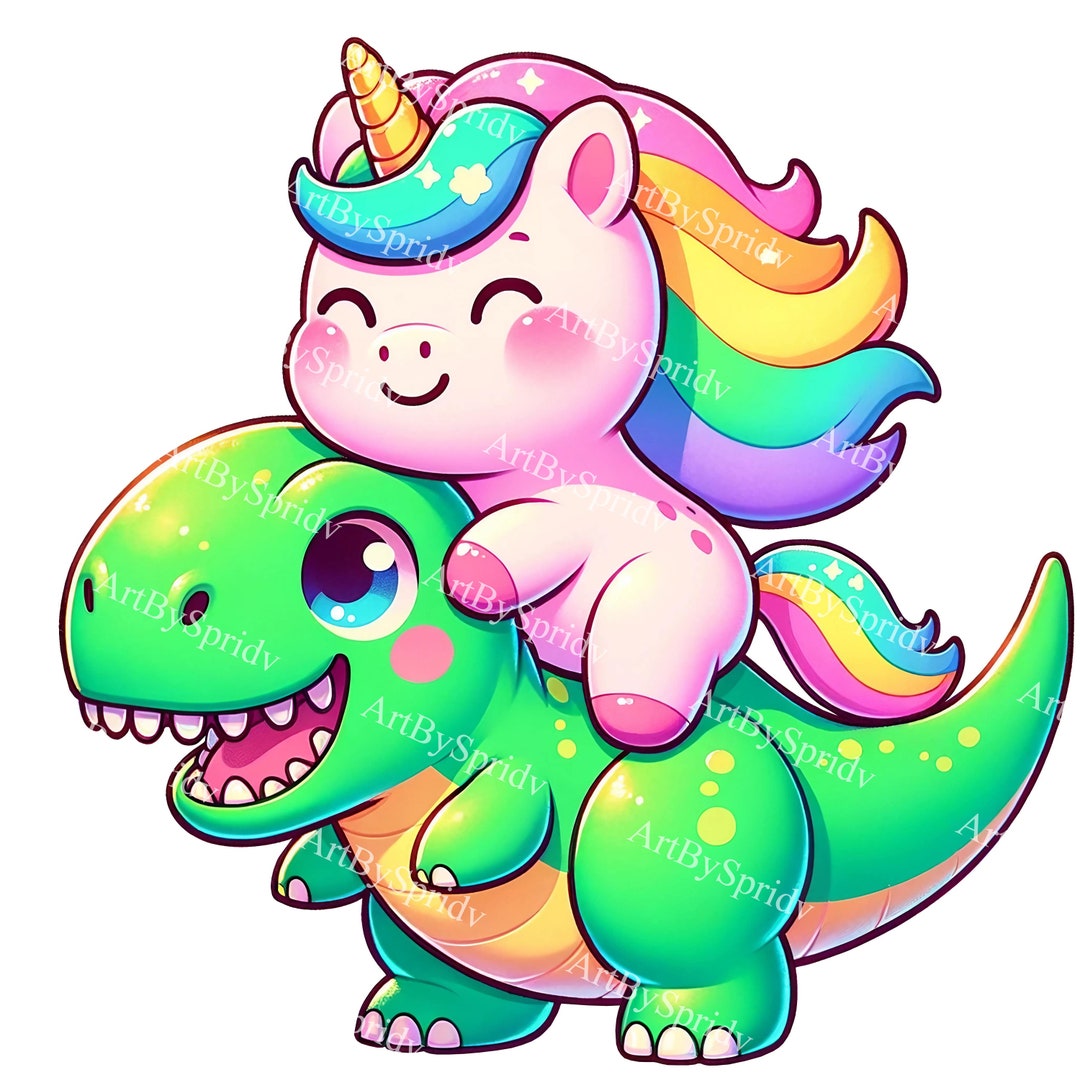 Cute Cartoon Unicorn Riding on T-rex Dinosaur Clipart - Digital ...