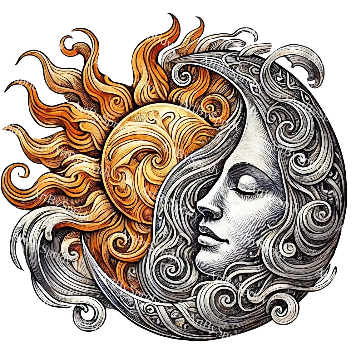 Intricate Sun & Moon Motif PNG Clipart, Celestial Clip Art for T-shirt ...
