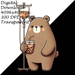 Cute Bear With Boba Tea IV Drip Illustration, Quirky Animal Clipart ...