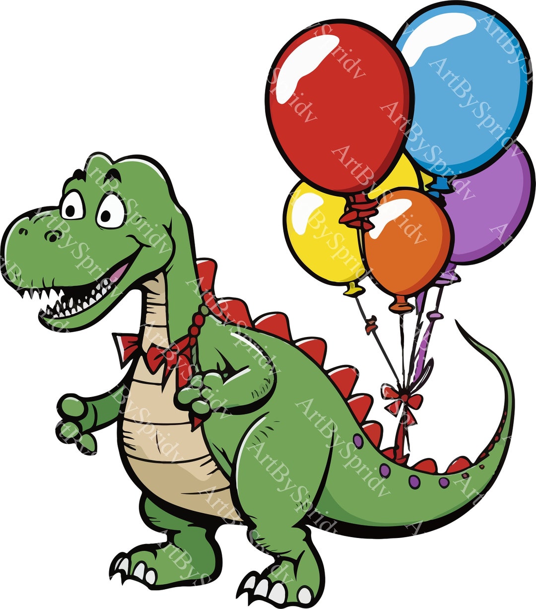 Cheerful T-rex Dinosaur Clipart With Colorful Balloons Cute Dino ...