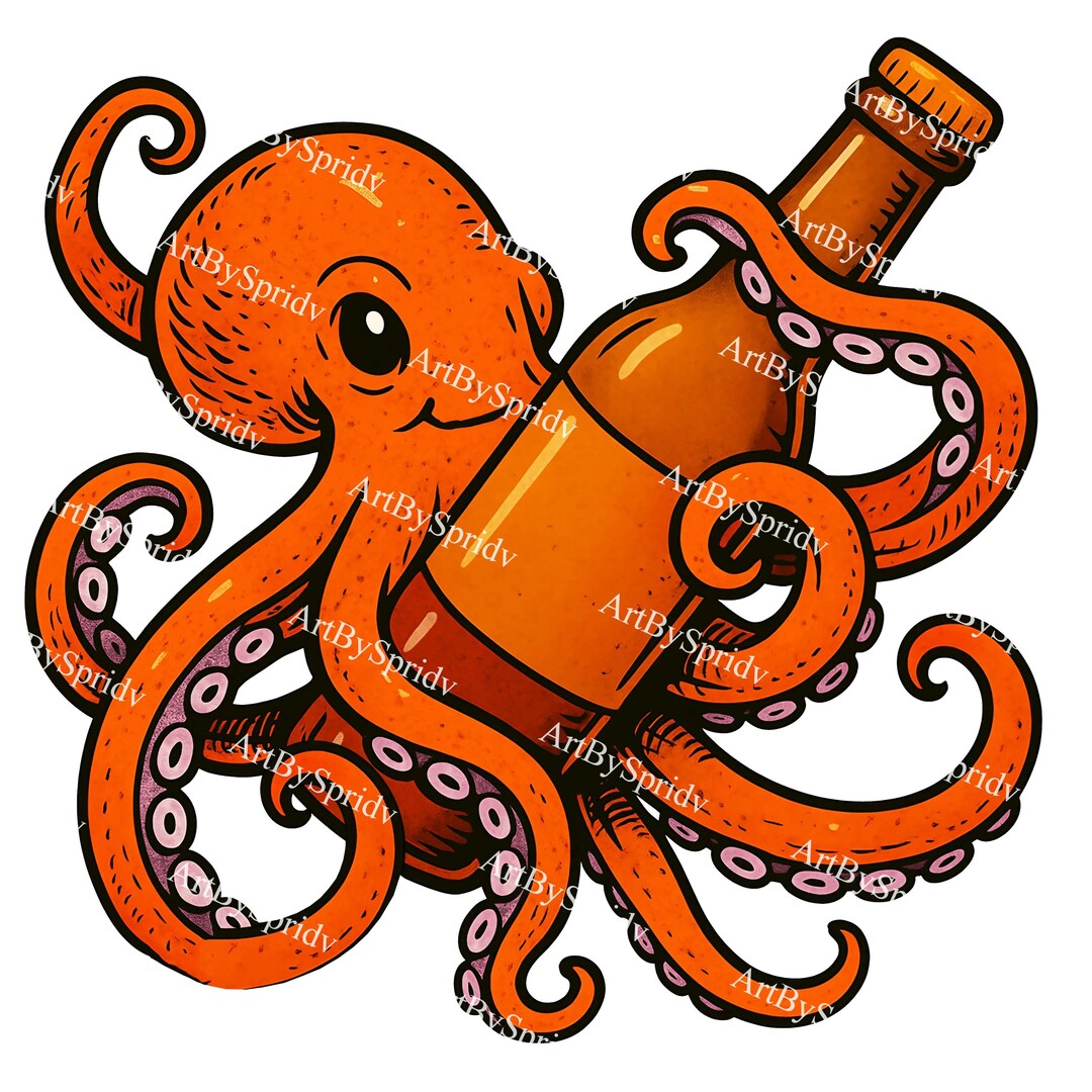 Funny Octopus Holding Beer Bottle PNG, Drunk Sea Creature Clipart ...