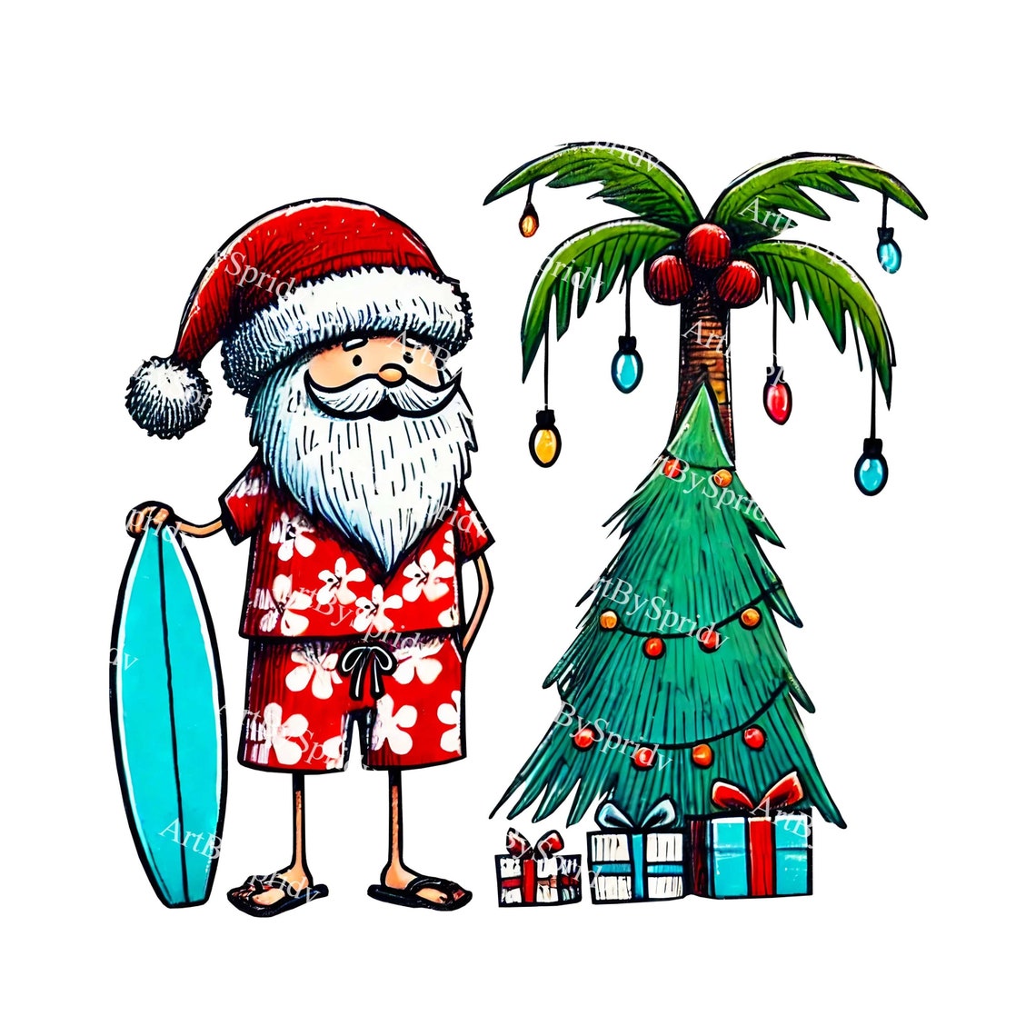 Tropical Christmas Santa Clipart, Surfing Santa With Palm Tree PNG ...