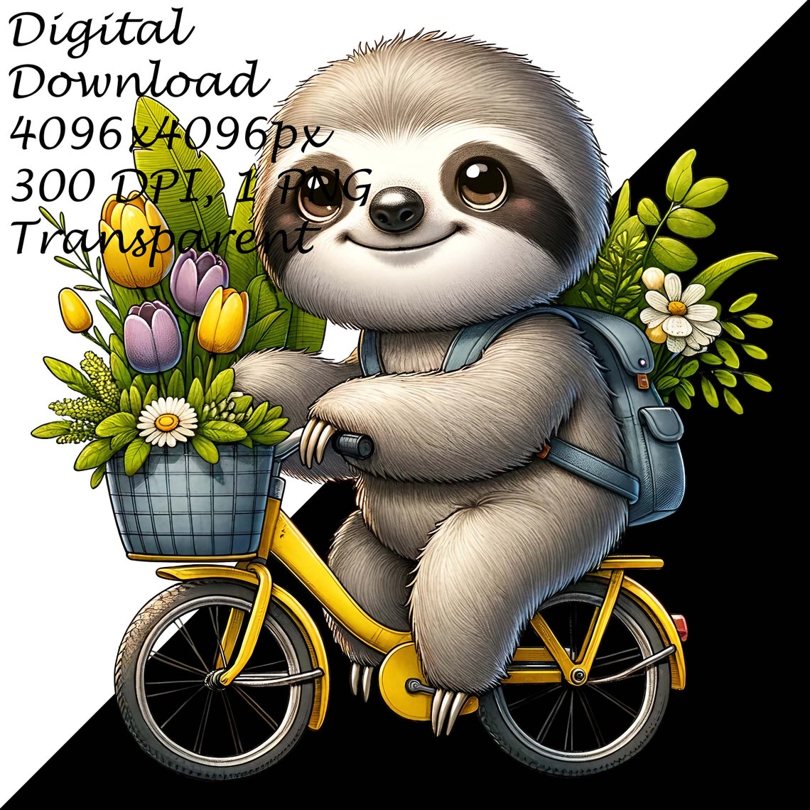 Sloth on Bike Digital Clipart - Cute Sloth Cycling Art PNG - Spring ...