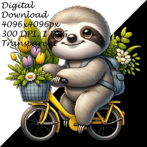 Sloth on Bike Digital Clipart - Cute Sloth Cycling Art PNG - Spring ...