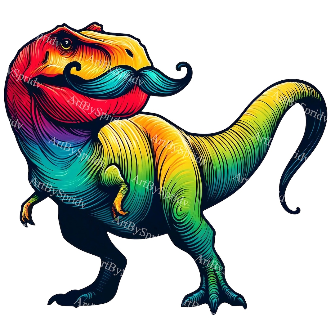 Colorful Rainbow T-rex With Mustache PNG | Digital Clipart for Scrapbooking, Stickers, T-shirts ...