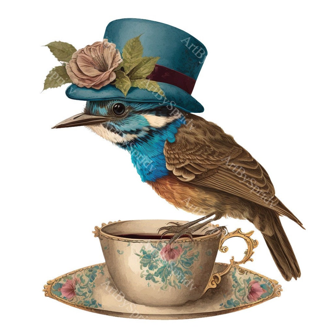 Bird With Flower Hat Sitting on Tea Cup PNG Clipart,transparent Kid ...