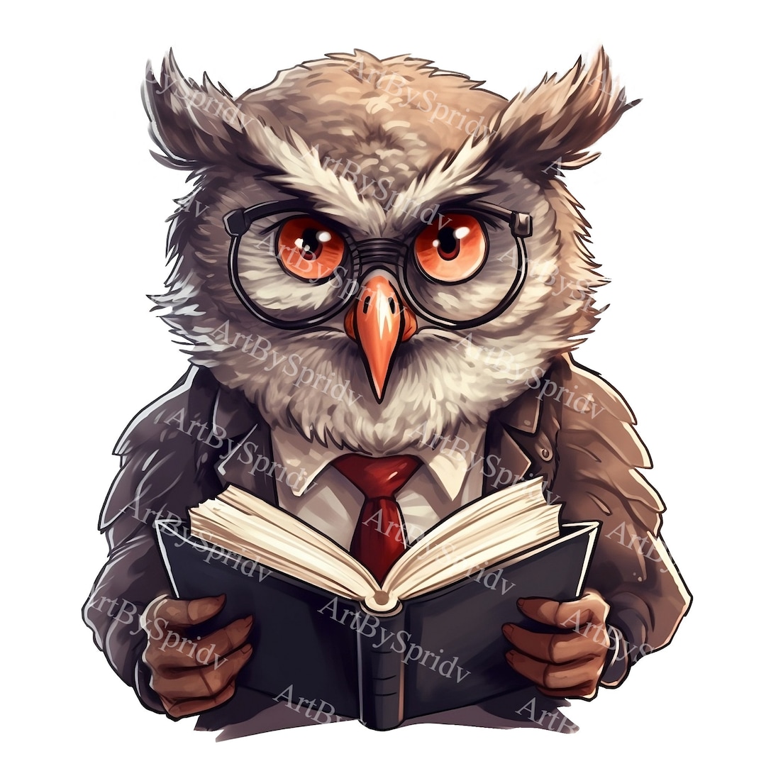 Charming Wise Owl Wearing Glasses Reading a Book PNG Clipart - Perfect ...
