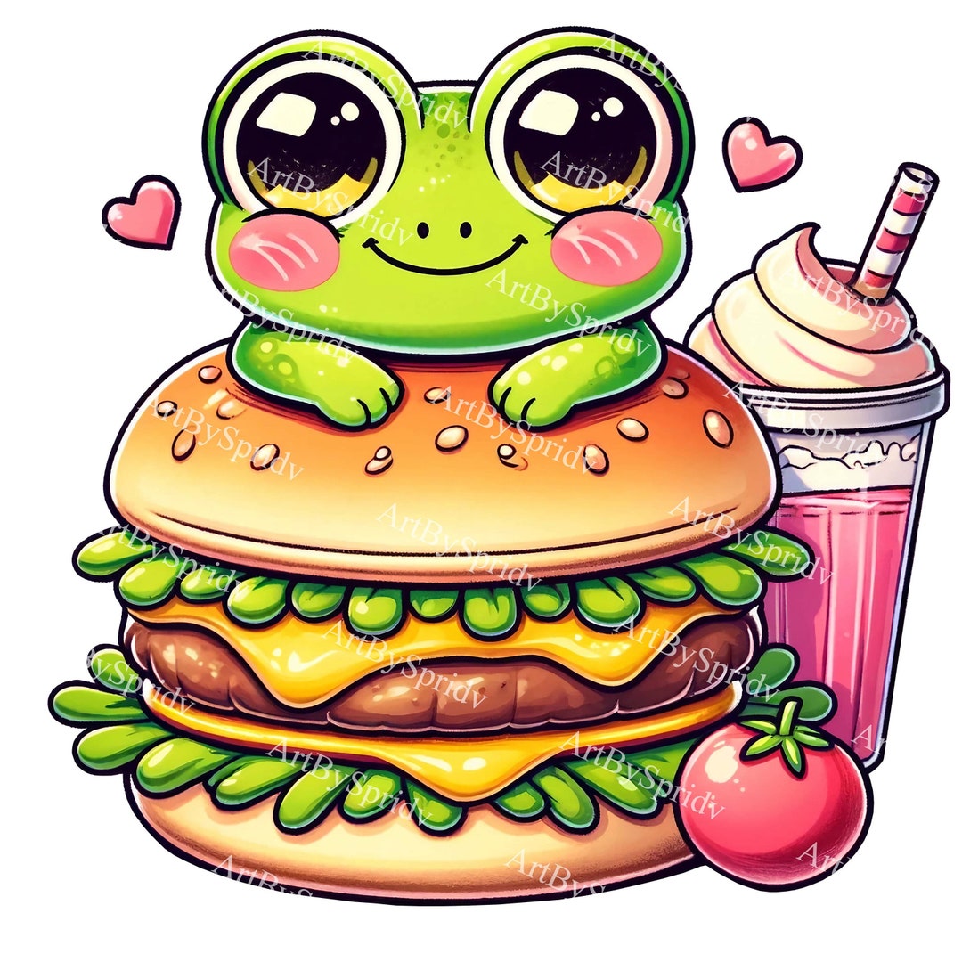 Frog With Cheeseburger PNG Clipart, Kawaii Froggy on Burger, Printable ...