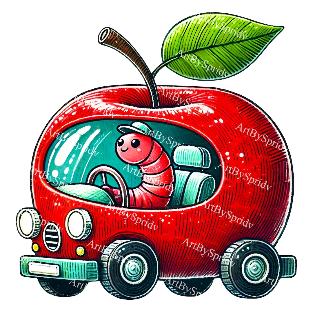 Adorable Worm Driving Apple Car PNG Clipart, Cute Digital Illustration ...