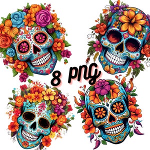 Sugar Skull Clipart Bundle - 8 Pngs | Day of the Dead Floral Skulls ...