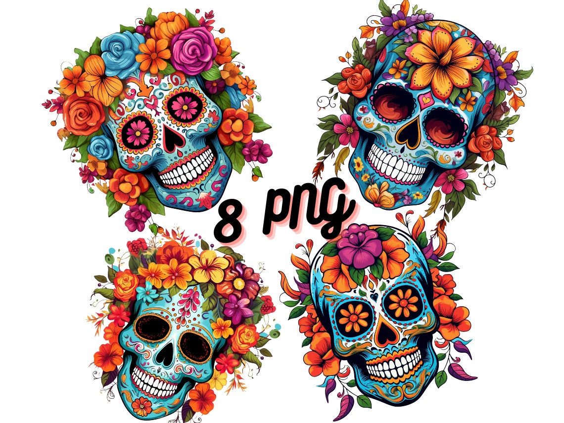 Sugar Skull Clipart Bundle - 8 Pngs | Day of the Dead Floral Skulls ...