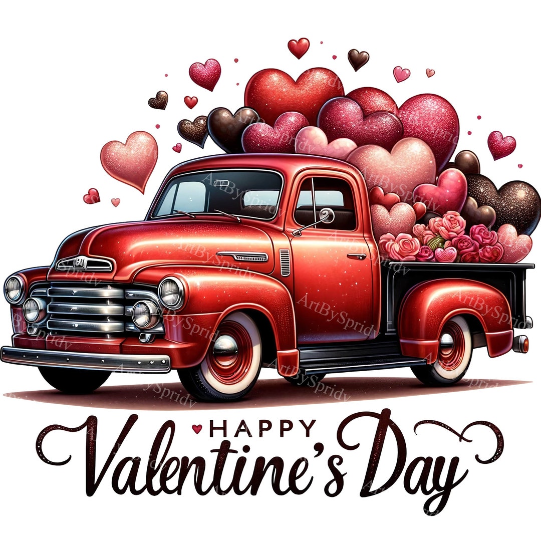 Valentine's Day Vintage Truck Clipart - Red Pickup With Hearts for DTG ...