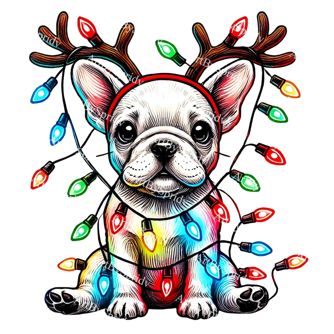 French Bulldog Puppy With Reindeer Antlers & Christmas Lights PNG ...
