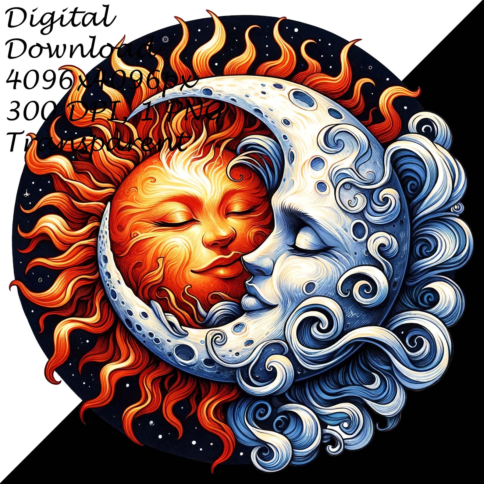 Sun and Moon Digital Art Intertwined Celestial Clipart DIY Craft Printable Sublimation PNG ...