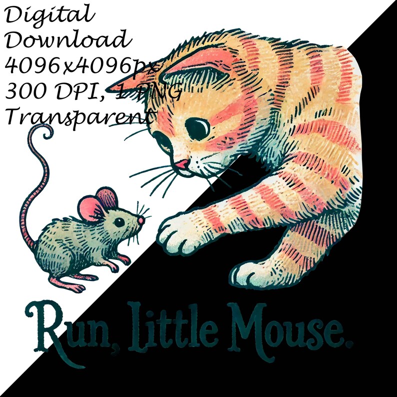Playful Cat & Mouse PNG Clipart, Vintage Style "run Little Mouse ...