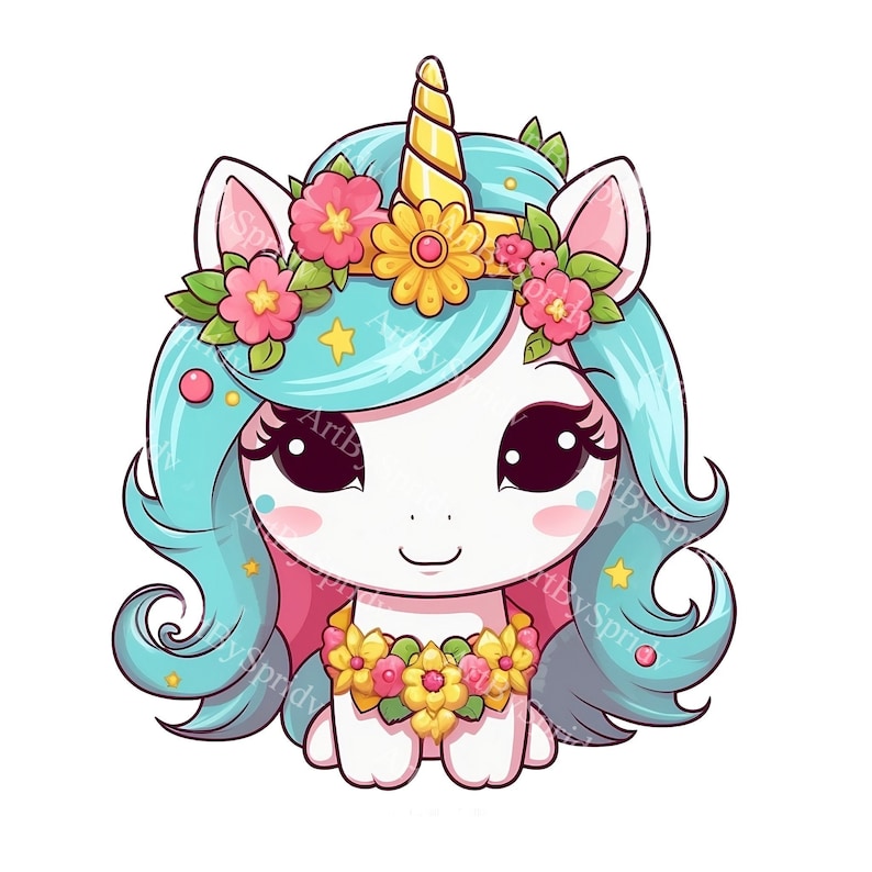 Baby Unicorn Clipart With Flower Crown|cute Kawaii Illustration|magical ...