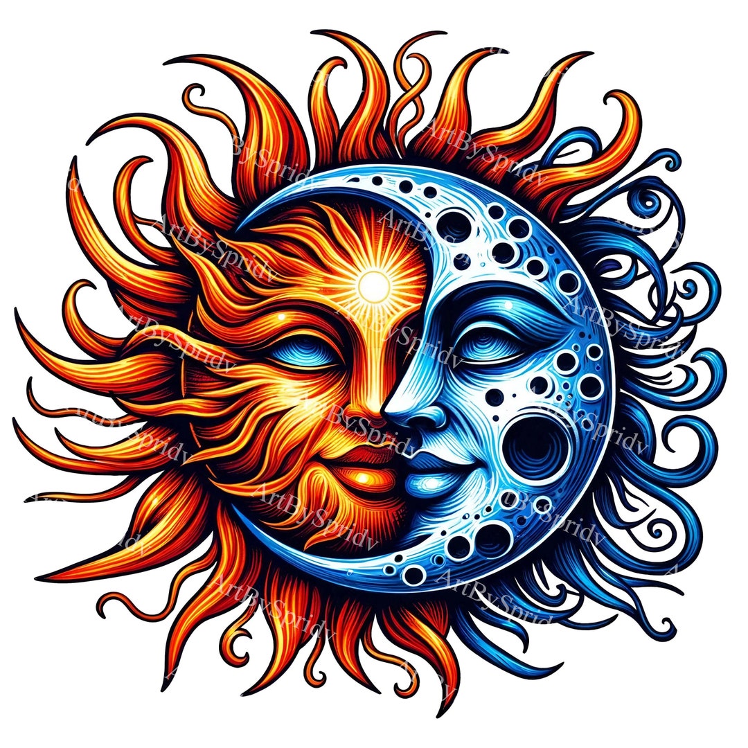 Sun and Moon Yin Yang Digital Clipart for Crafting, Bohemian Celestial ...