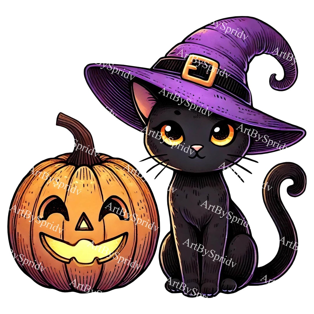 Halloween Black Cat With Witch Hat and Glowing Jack-o'-lantern PNG ...