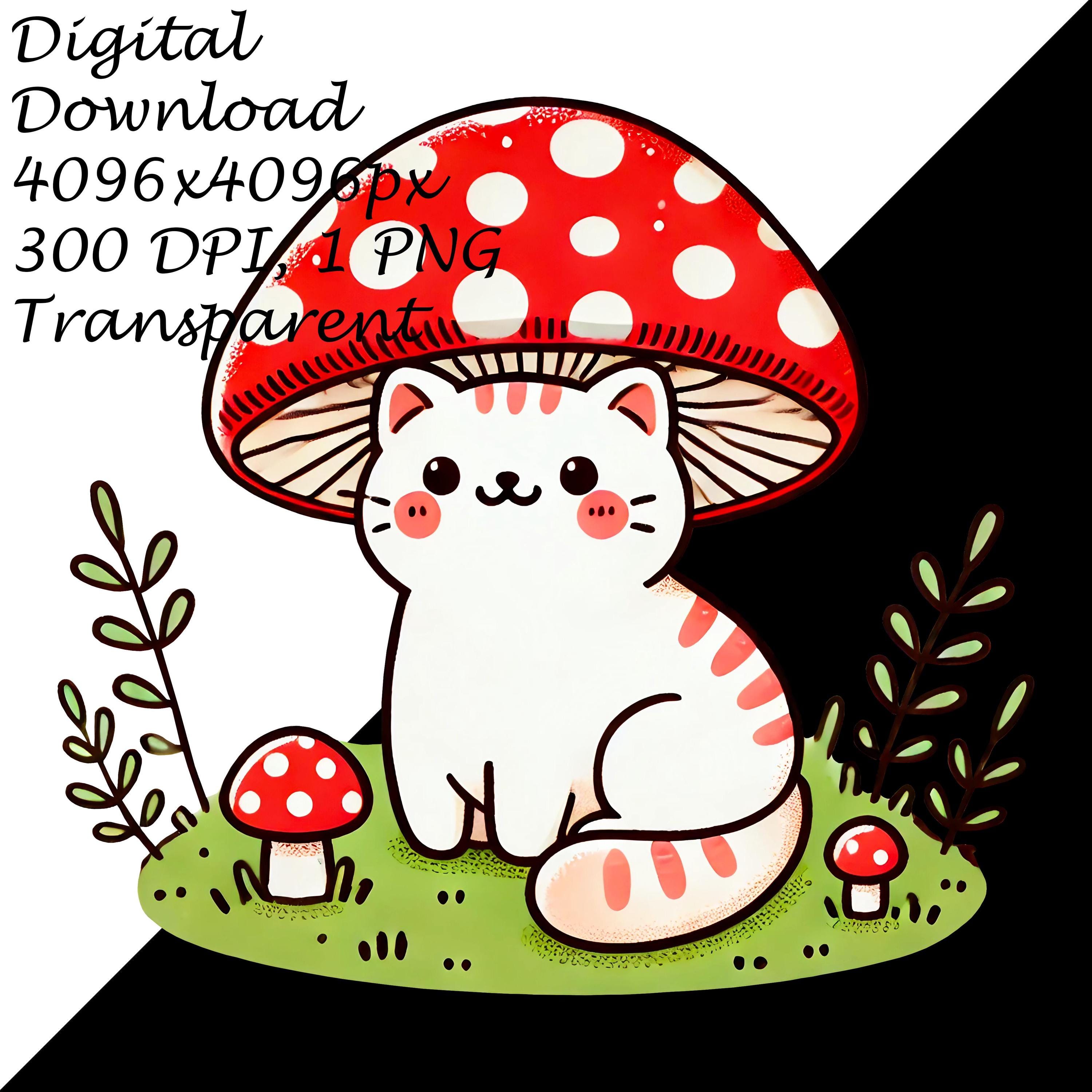 Kawaii Cat Under Mushroom Cap PNG Clipart, Digital Download Cottagecore ...