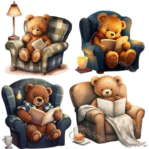 Cozy Teddy Bear Clipart Set: Reading Plush Toys, Digital Download, Kids ...