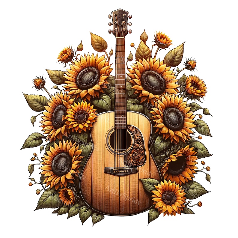 Sunflower & Guitar Clipart - Digital PNG for DTG T-shirt, Mug, Tumbler ...