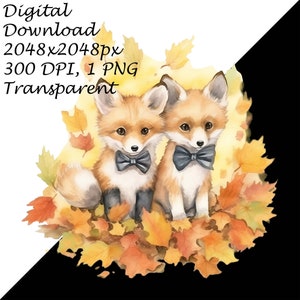 Woodland Baby Foxes in Fall Leaves, Autumn Forest Fox Clipart PNG, Cute ...