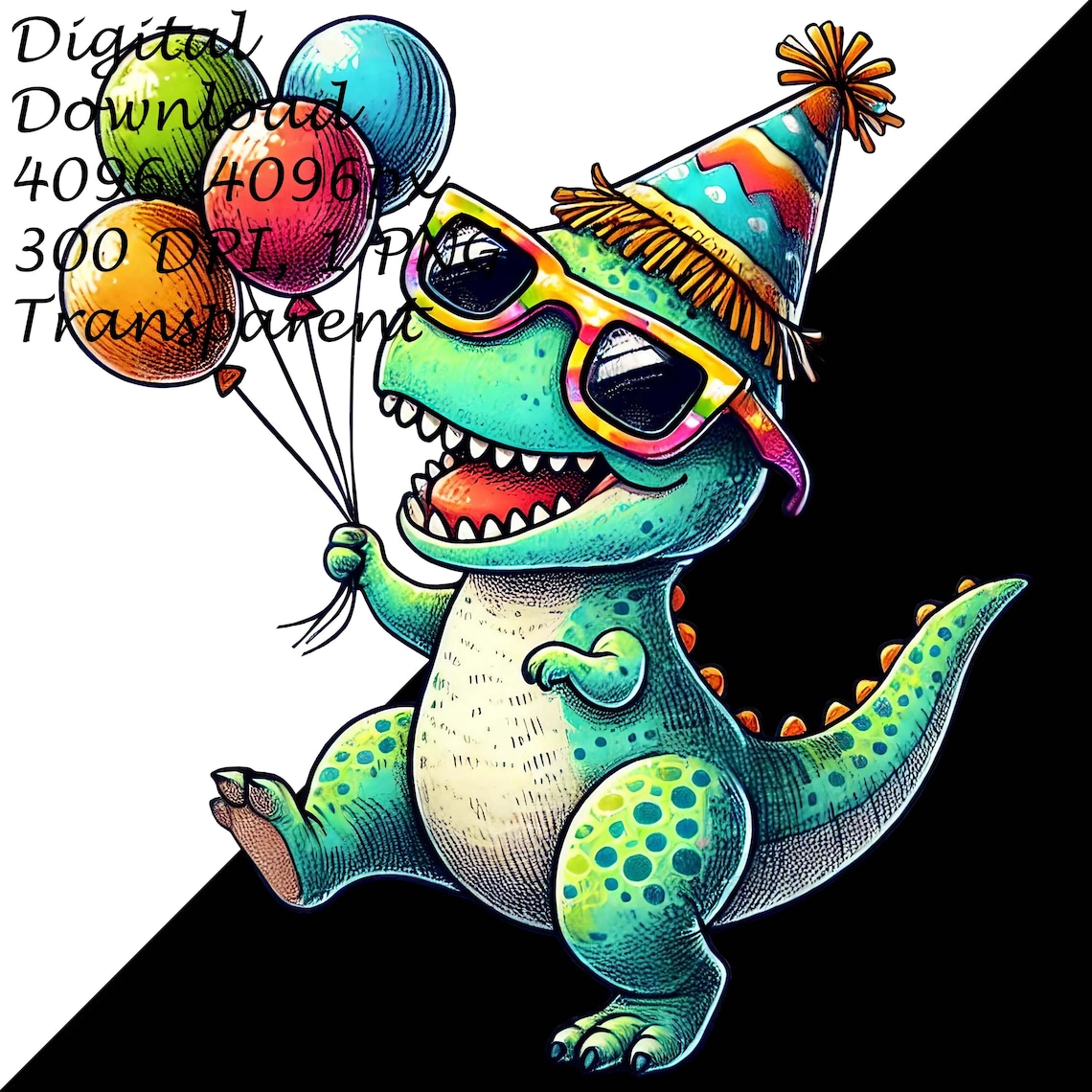 T-rex Birthday Dino With Balloons & Party Hat PNG Clipart, Fun Dinosaur ...