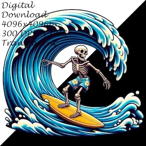 Skeleton Surfer Digital Clipart - Tropical Surfing Skeleton PNG for ...