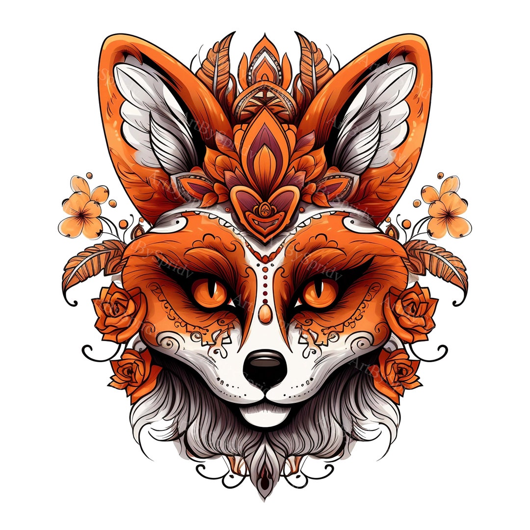 Sugar Skull With Fox Features - Fox Dia De Los Muertos, Transparent PNG ...
