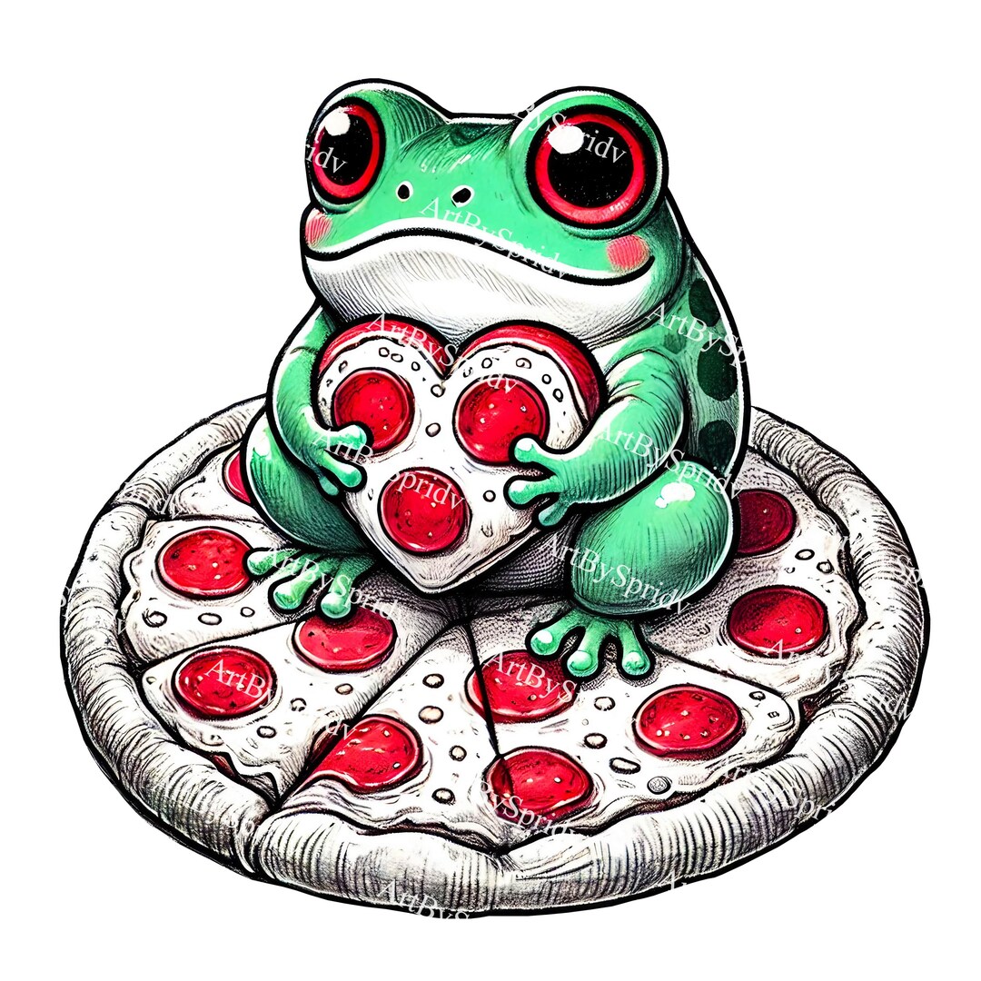 Cute Frog Holding Heart Shaped Pizza Slice, Funny Kawaii Pizza Lover ...