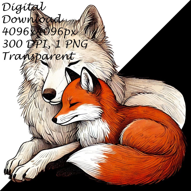 Cozy Wolf & Fox Cuddling Illustration PNG Clipart, Woodland Animal ...