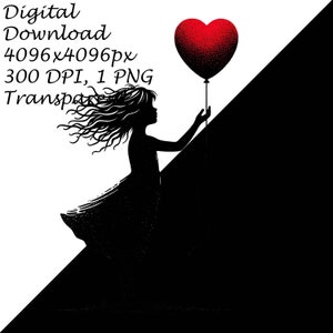 Young Girl & Heart Balloon Clipart - Digital PNG for DTG, T-shirts ...