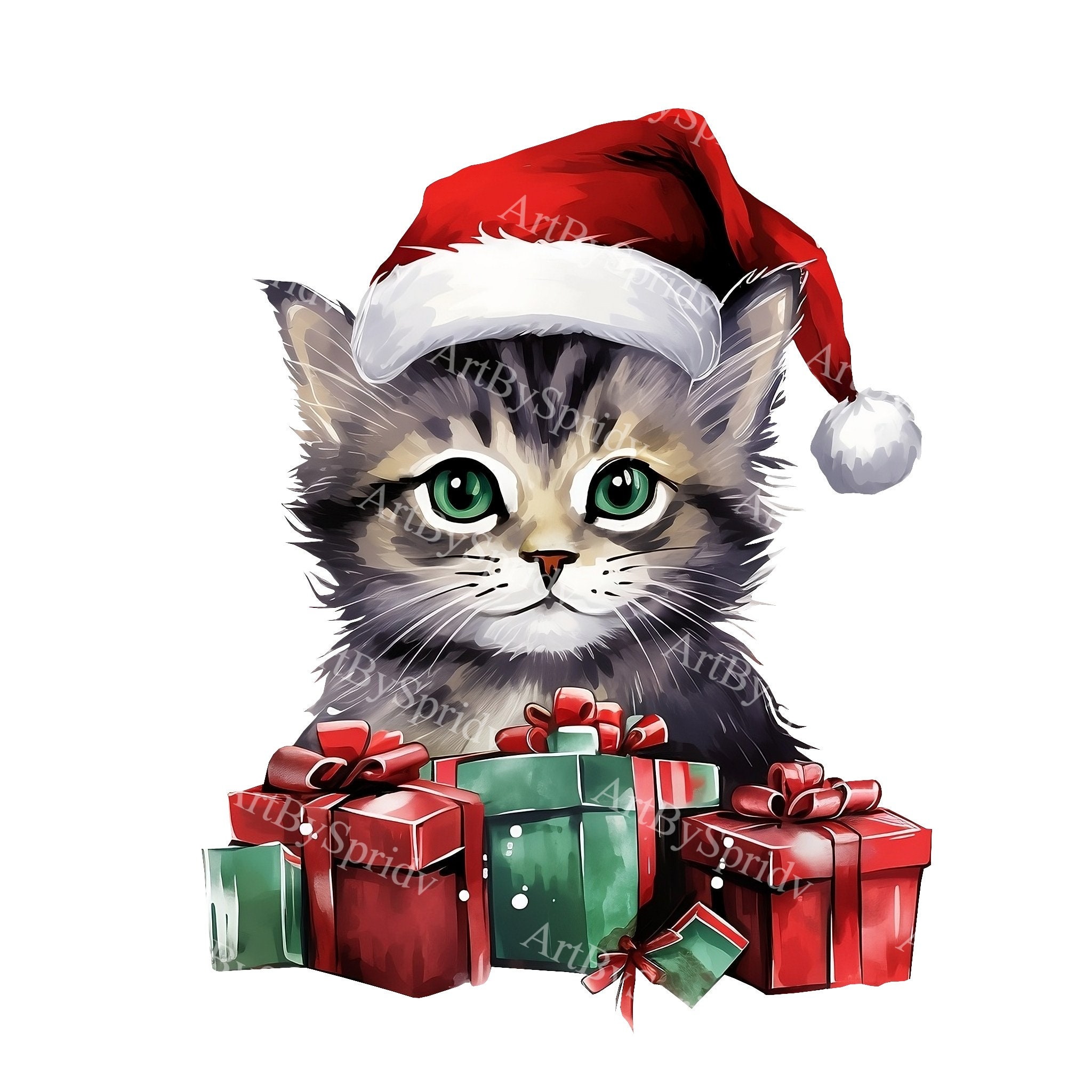 Christmas Cat PNG Clipart – Adorable Kitten With Santa Hat and Gift ...