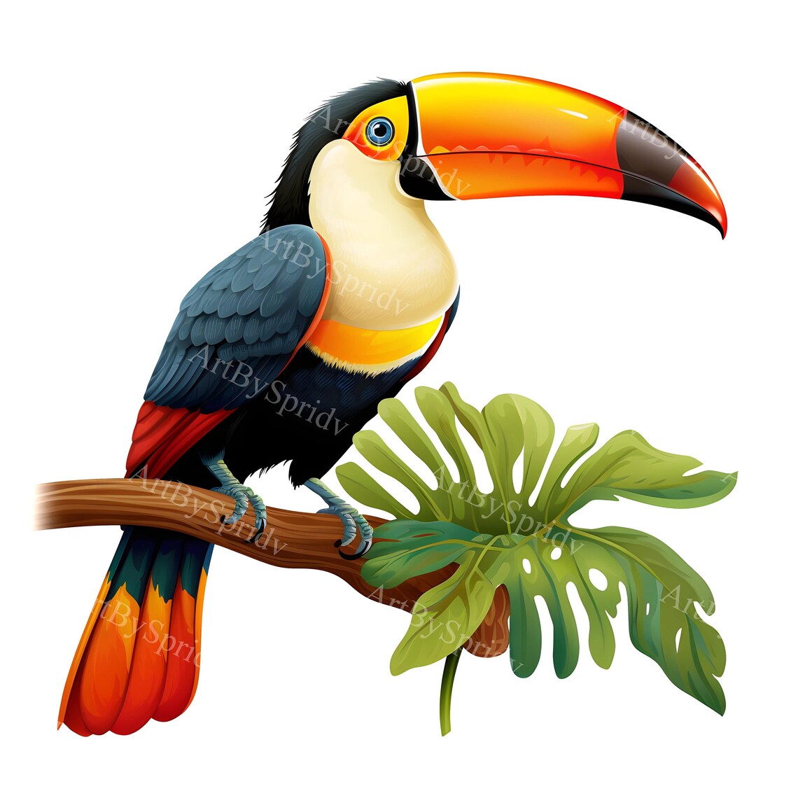 Exotic Tropical Bird Toucan on Branch Clip Art - Printable T Shirt, Mug ...