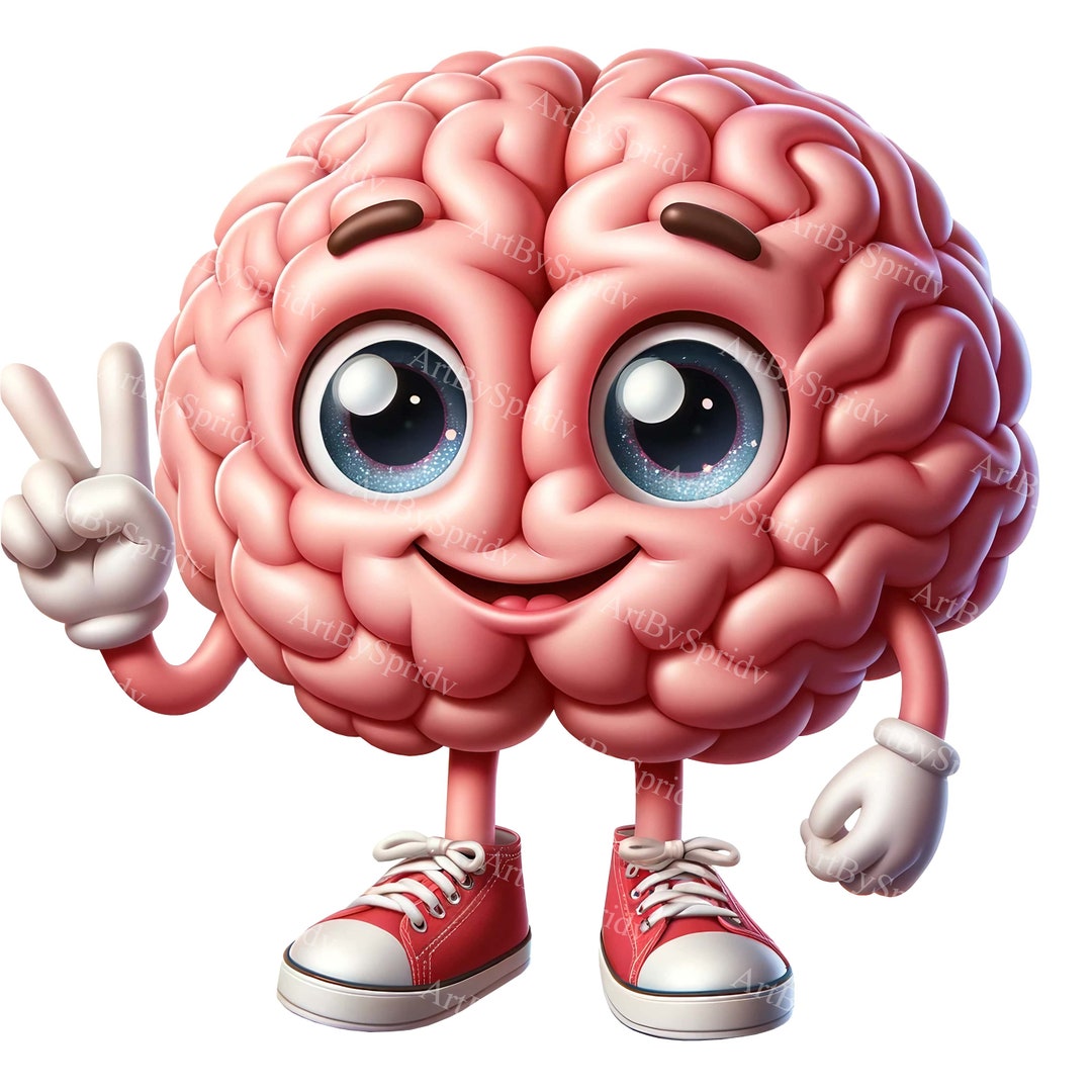 Cartoon Brain Clipart PNG - Friendly Brain Giving Peace Sign for DTG ...
