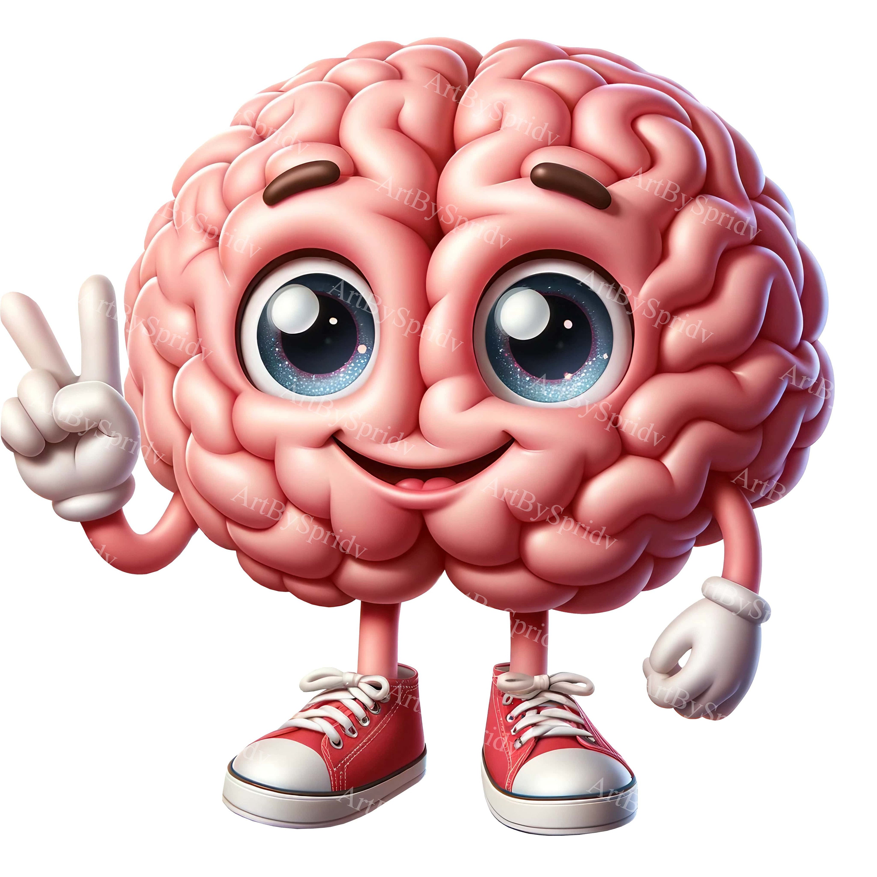 Cartoon Brain Clipart PNG - Friendly Brain Giving Peace Sign for DTG ...