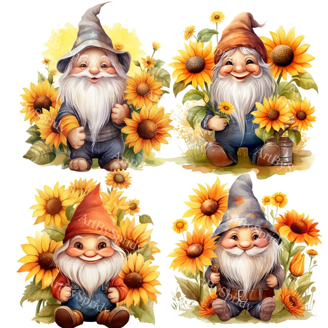 Sunflower Gnome PNG Clipart Bundle, Garden Gnome With Sunflowers ...