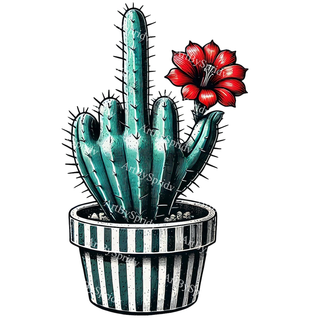 Funny Middle Finger Cactus PNG Clipart With Red Flower-high-quality ...