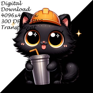 Construction Kitty Clipart - Cute Black Cat With Helmet & Tumbler ...