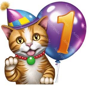 Adorable Cat Birthday Clipart PNG, Cute Kitten With Party Hat & Number ...
