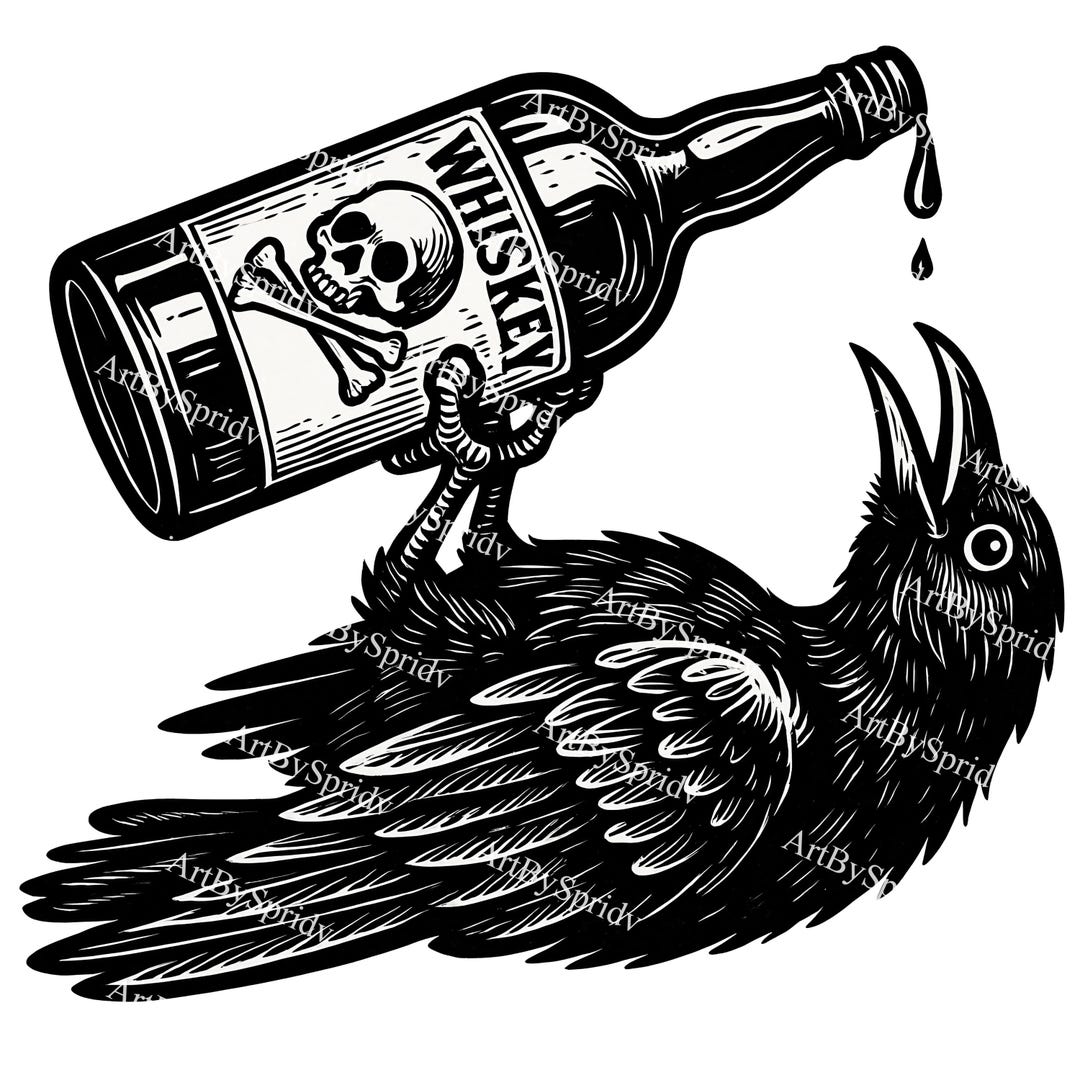 Drunk Crow Whiskey Bottle PNG, Funny Gothic Raven Clipart for T-shirt ...