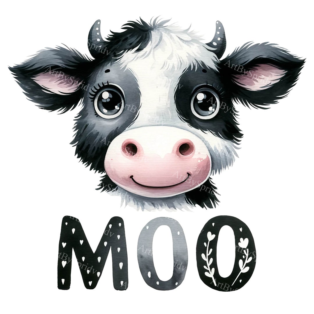 Watercolor Cow Face Clipart - Moo PNG for DTG, T-shirt, Mug, Tumbler ...