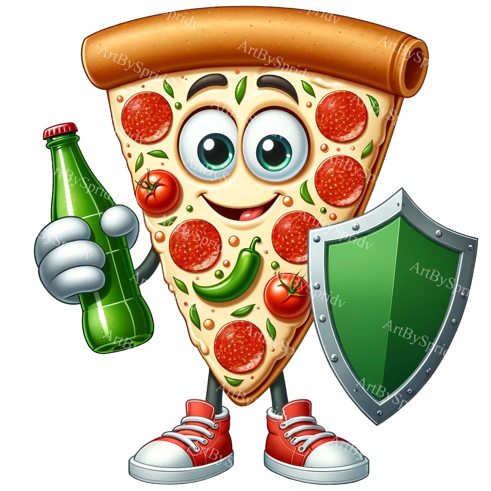Pizza Slice Character Clipart: Sneaker-wearing, Soda-holding, Shield ...
