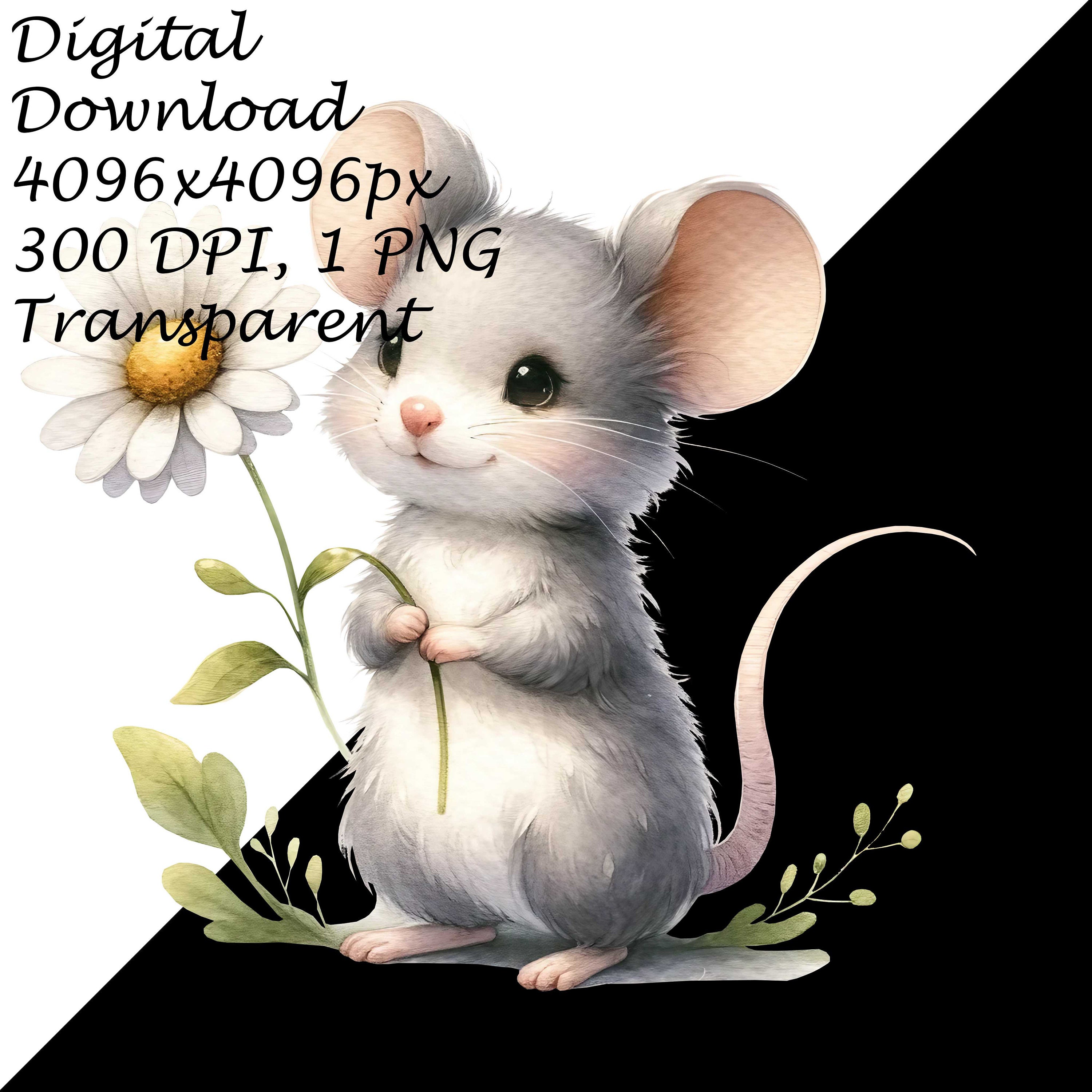 Cartoon Mouse With Daisy Flower Clipart - Watercolor Illustration PNG ...