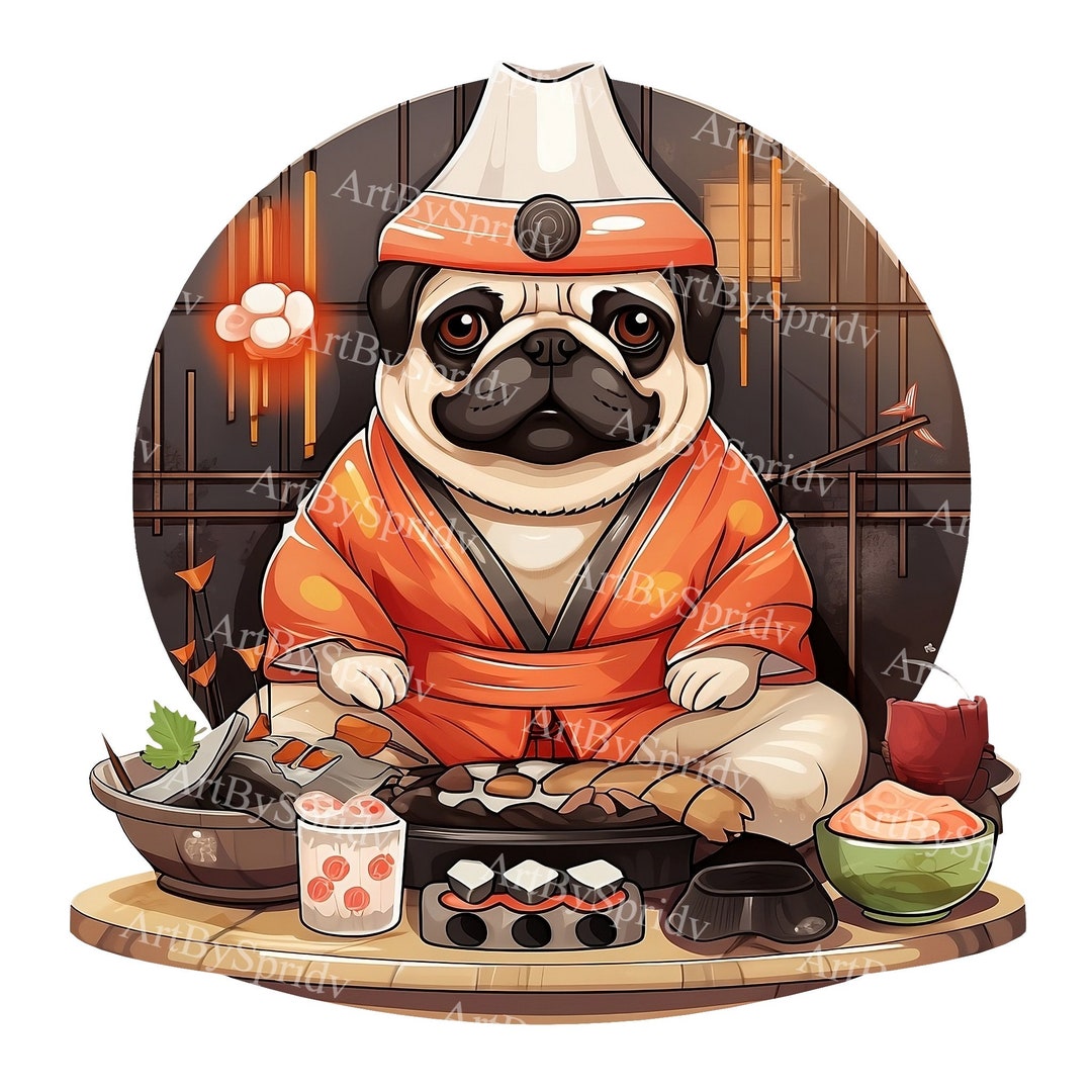 Adorable Sushi Chef Pug PNG Clipart, Cute Kawaii Dog Illustration ...