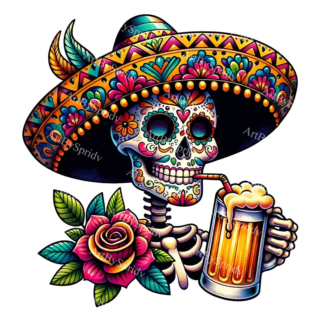 Festive Dia De Los Muertos Clipart-sugar Skull With Sombrero&beer Png ...