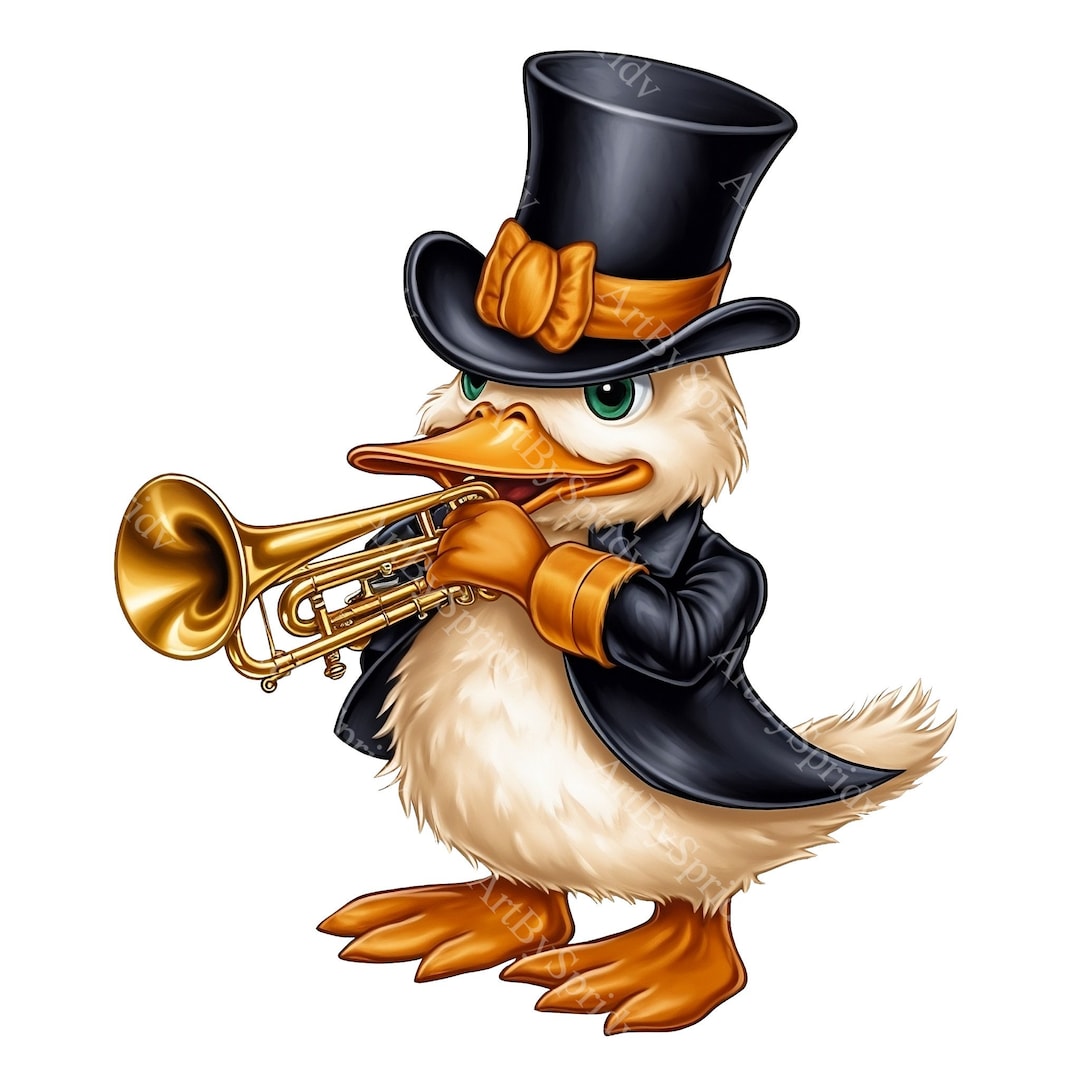 Duck in Top Hat & Bow Tie Playing Trumpet PNG Clipart, Digital Clip Art ...
