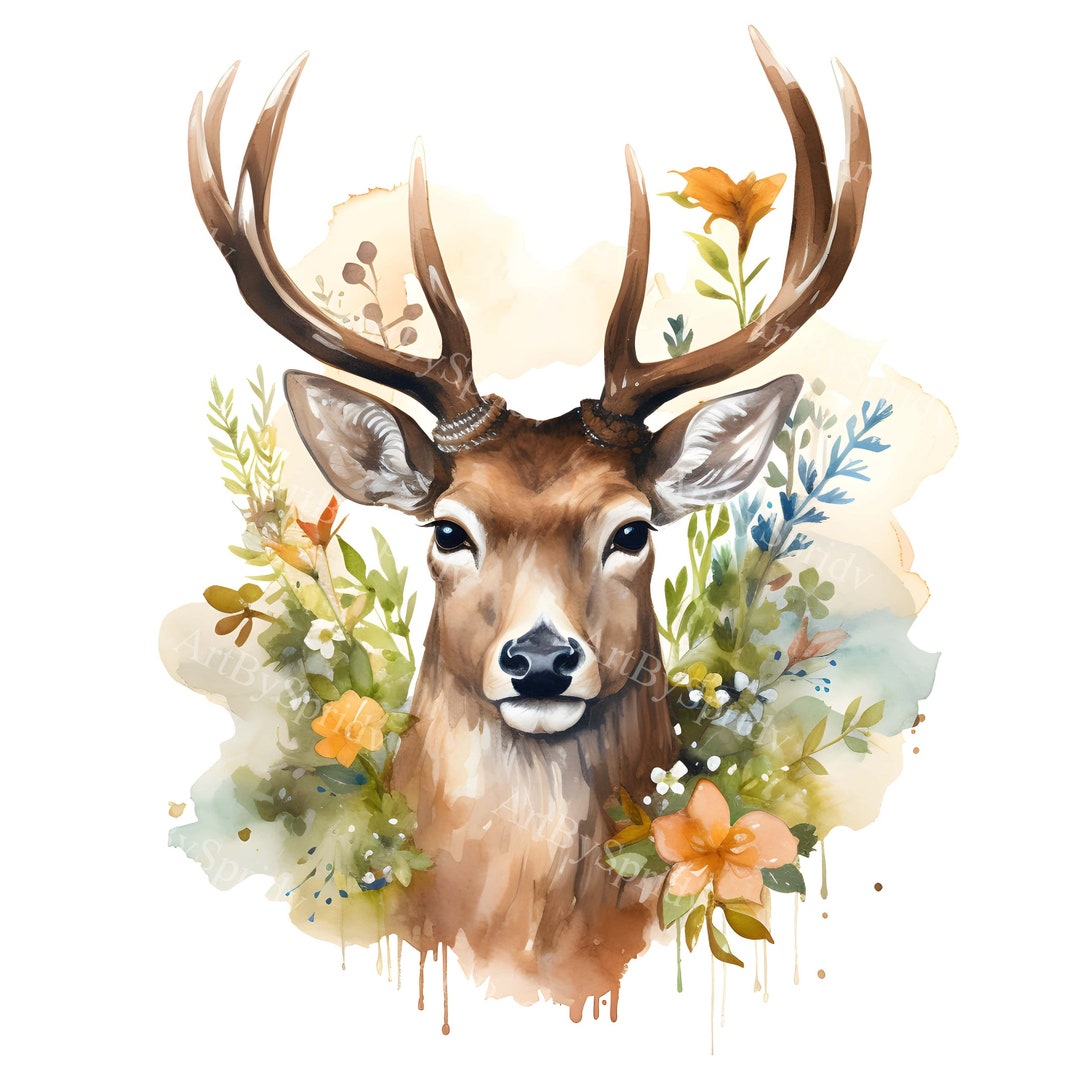 Elegant Floral Deer With Antlers PNG Clipart, Watercolor Style ...