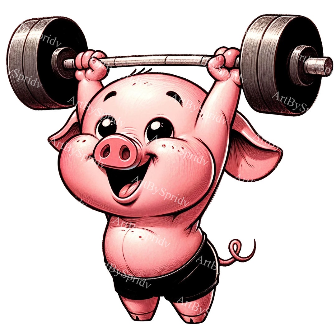 Adorable Cartoon Pig Weightlifter Digital Clipart - Cute Piggy Gym ...